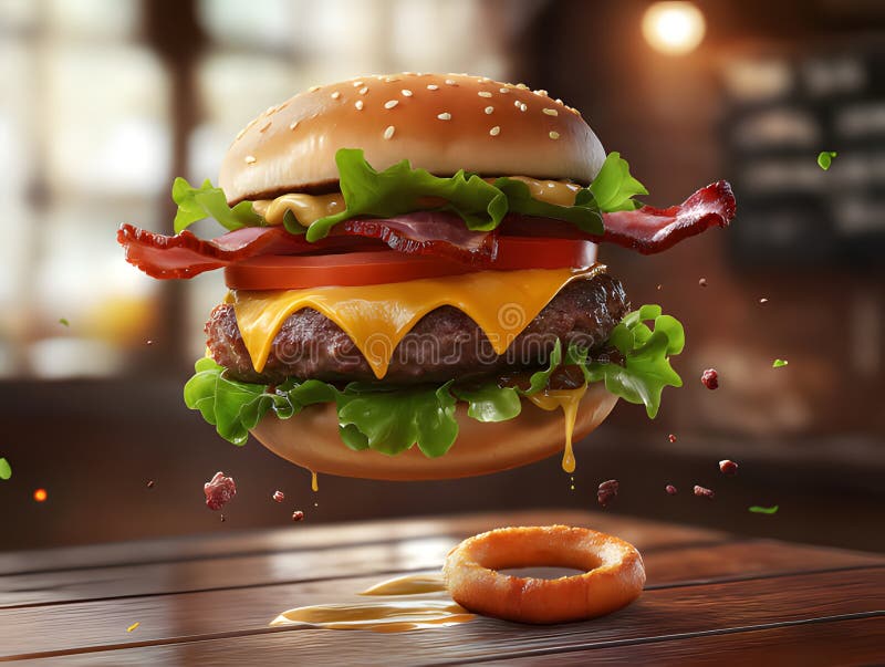 Mid-Air Burger with Fresh Layered Ingredients Stock Photo - Image of ...