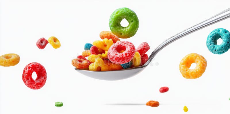 In Mid-air, Crunchy Honey Cereal Flakes Fall from a Silver Spoon Stock ...