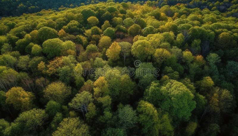 Mid Air Drone Captures Idyllic Autumn Forest in Panoramic Aerial View ...