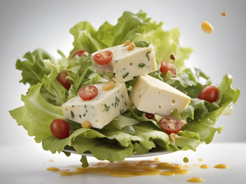 Mid-Air Salad Dance: Fresh Toss of Lettuce and Cheese on a White Canvas ...
