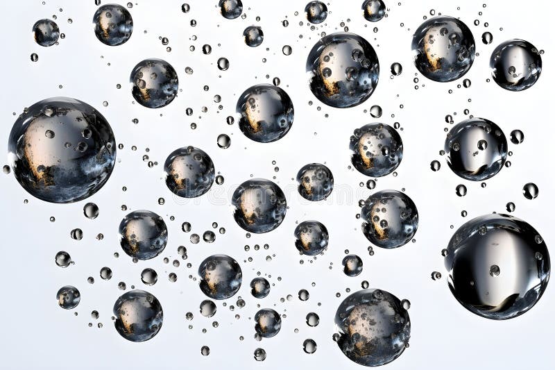Mid-air Shot of Metallic Silver Bubbles Isolated Against a White ...