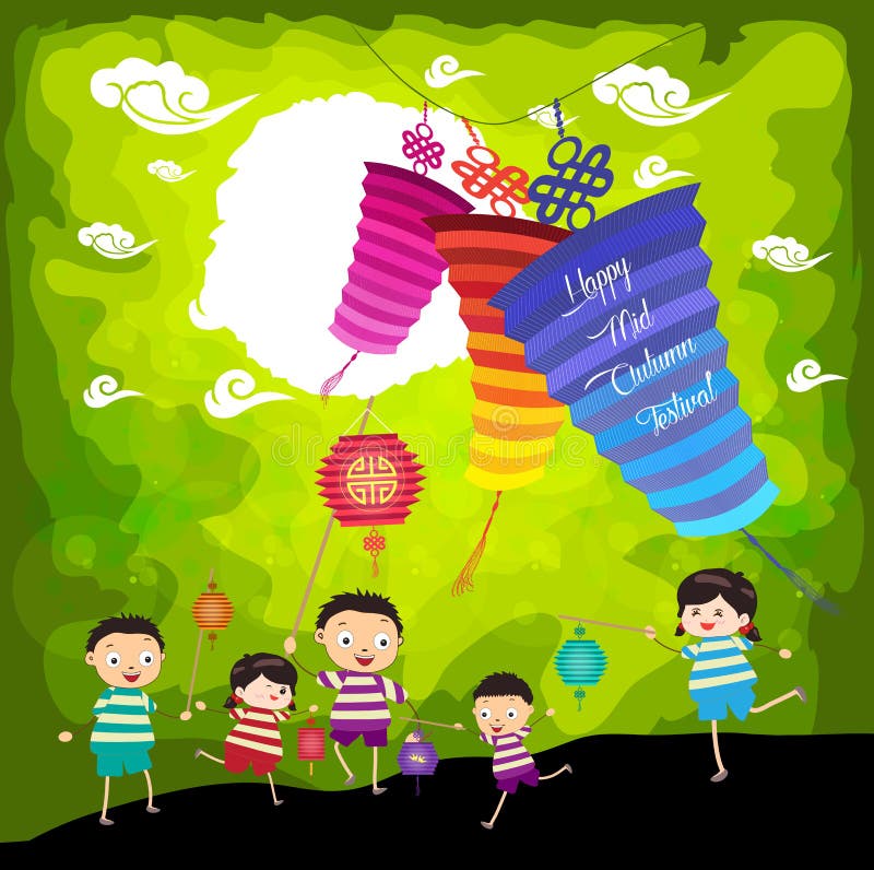 Mid Autumn Festival Background with Kids Playing Lanterns Stock ...