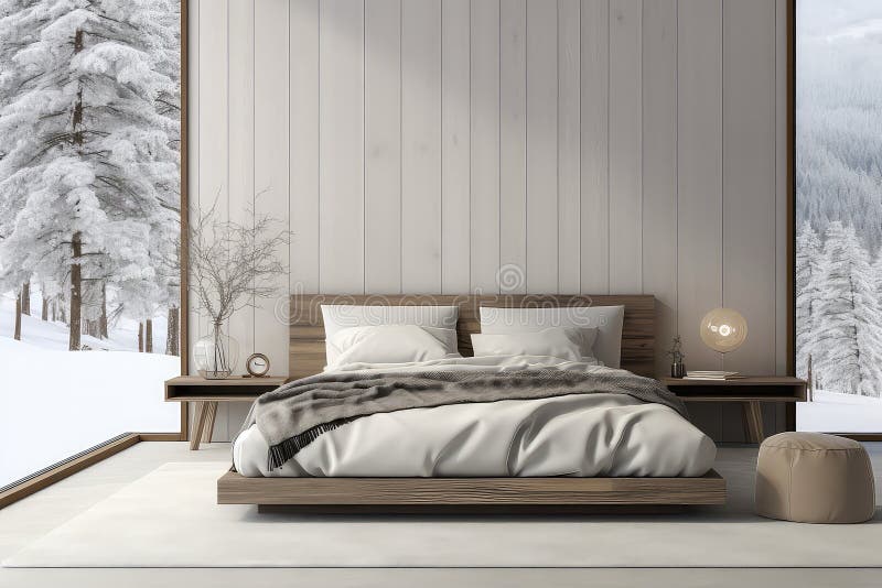 Mid Century Modern Bedroom with Winter Theme Stock Illustration ...
