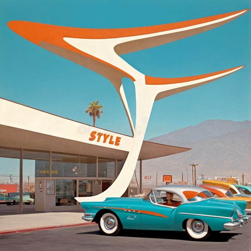 Mid-century Modern Building with Turquoise Car Stock Illustration ...