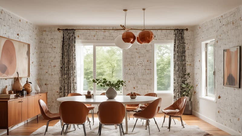 Mid-century Modern Dining Room with an Oval Dining Table, Leather ...