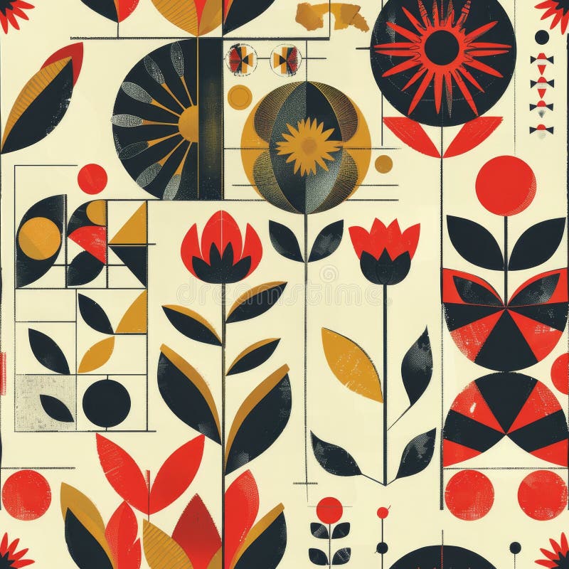 Mid-Century Modern Floral and Geometric Design Illustration Stock Image ...