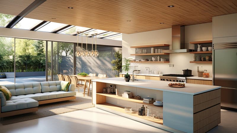 Mid-Century Modern Home Interior Kitchen, Featuring Clean, Organic ...