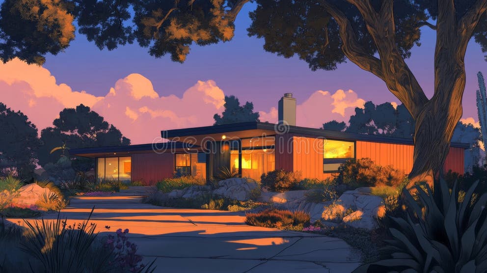 Mid Century Modern House at Sunset Stock Illustration - Illustration of ...