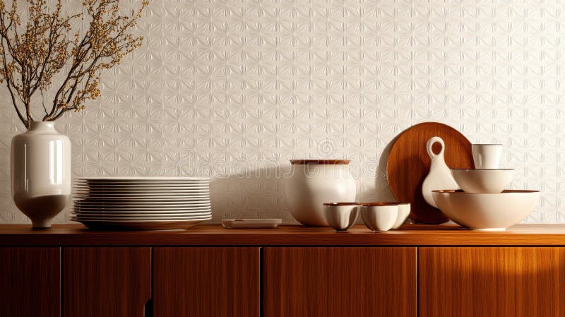 Mid-century Modern Kitchen Decor with White Embossed Tiles. AI ...