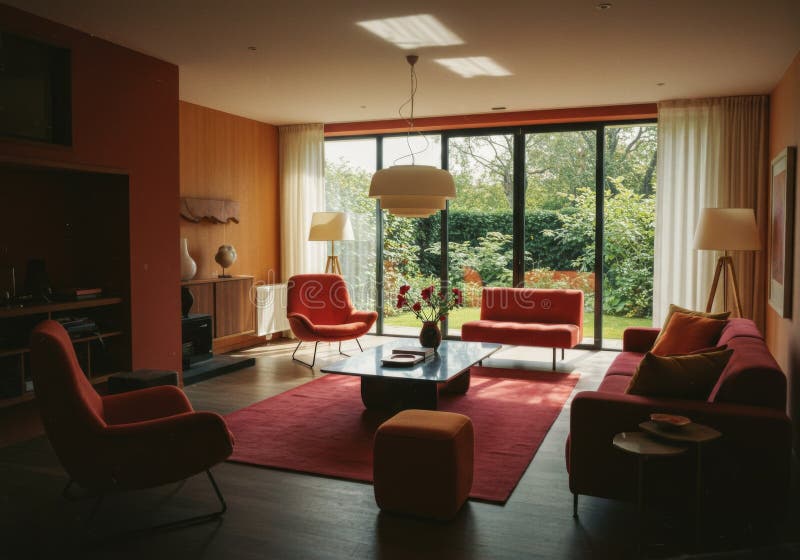 Mid Century Modern Living Room Interior with Red Sofa Stock ...