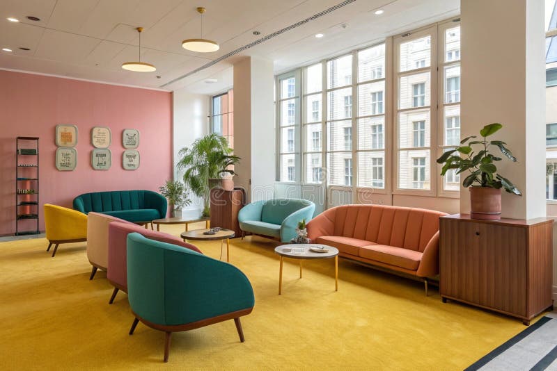 Mid Century Modern Office Lounge with Colorful Sofas and Yellow Carpet ...