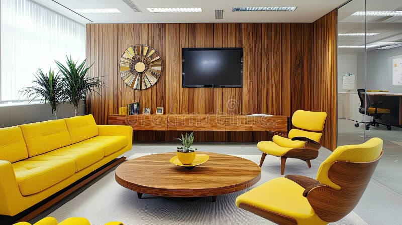 Mid Century Modern Office Waiting Area with Yellow Sofas Stock ...