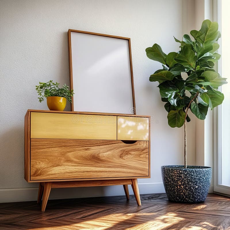 Mid-Century Modern Sideboard with Blank Frame, Plant, and Fiddle Leaf ...