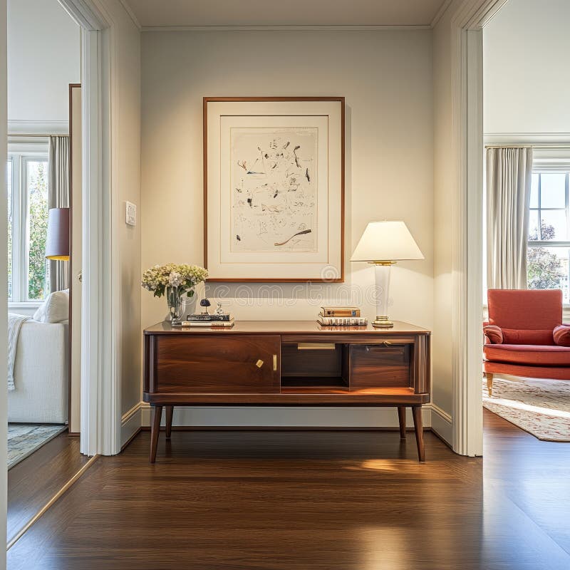 Mid-Century Modern Style Entryway with Artwork, Wooden Console Table ...
