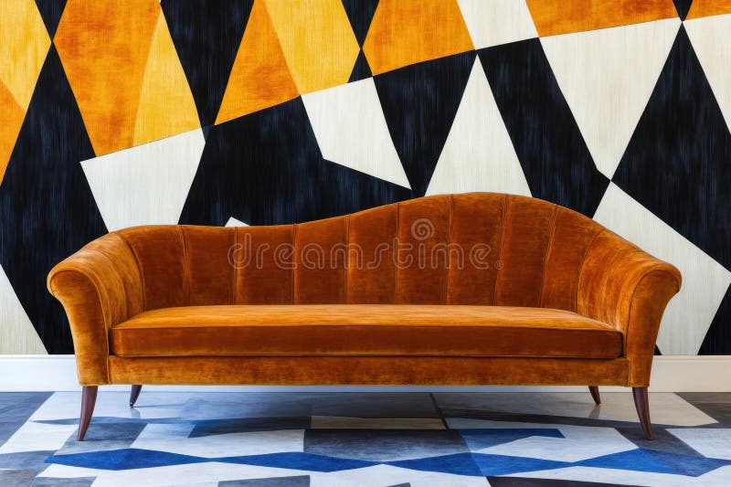 Mid-Century Modern Velvet Sofa in Bold Geometric Patterned Room ...