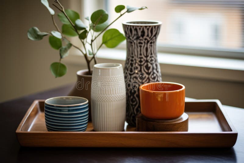 Mid-century Style Wooden Tray with Ceramic Objects Stock Image - Image ...