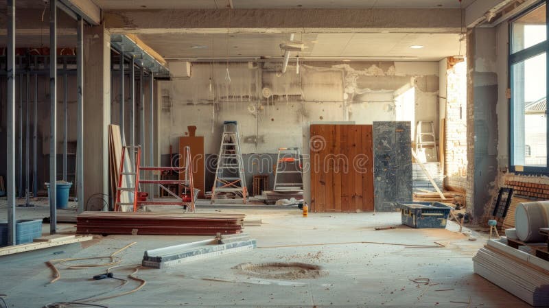 A Mid-construction Room with Ladders, Panels, and Exposed Walls ...