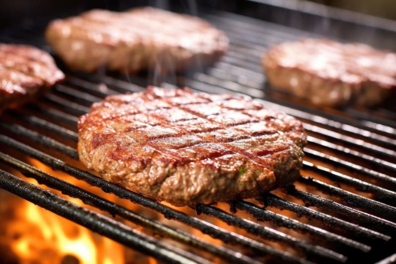 Mid-flip Beef Patty in a Broiler with Grill Lines Stock Photo - Image ...