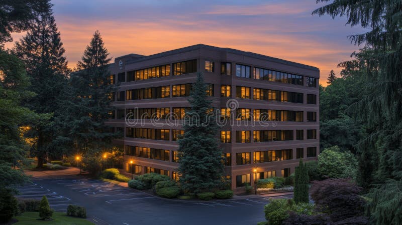 Mid-Rise Office Building Glows in the Twilight of a Vibrant Sunset ...