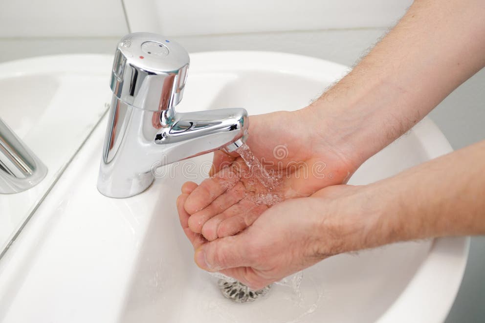 Mid Section Man Washing Hands in Kitchen Stock Image - Image of sink ...