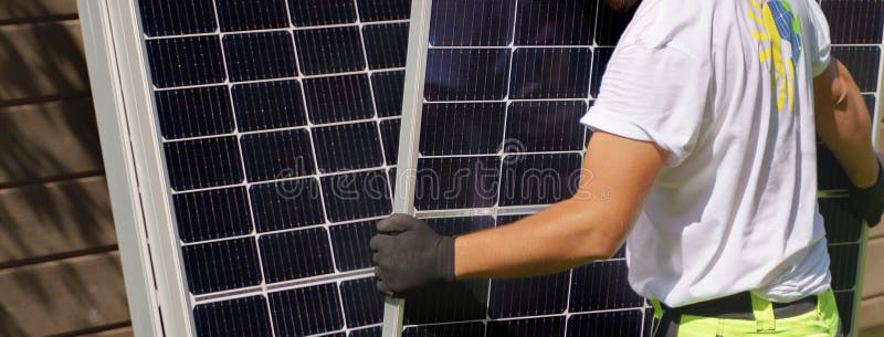 Close-up of Man Worker Carrying Solar Panel for Installing. Stock Image ...