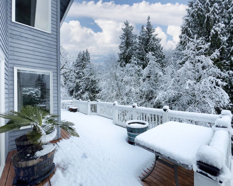 Mid Winter Heavy Snow Fallen on Home Deck during after Storm with Trees ...