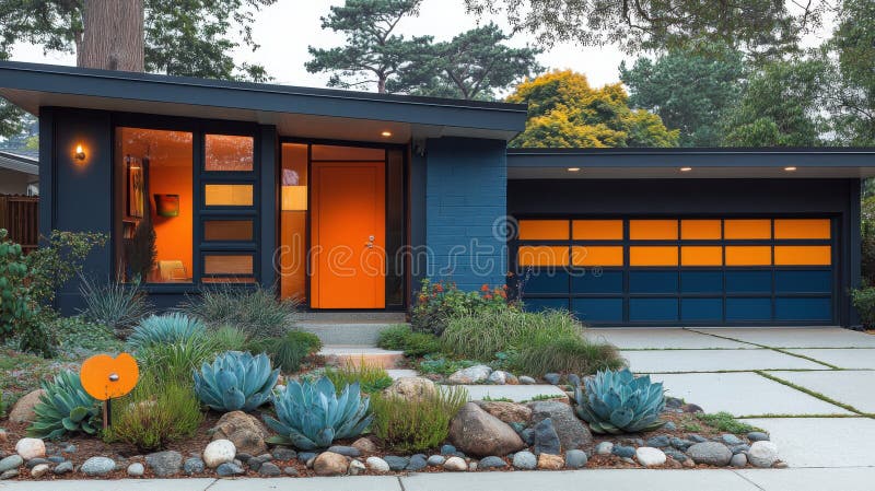 Midcentury Modern Ranch House with Blue and Orange Exterior Stock ...
