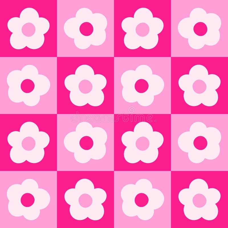 Retro 70s Flowers Checker Neon Pink Vector Pattern Stock Illustration ...