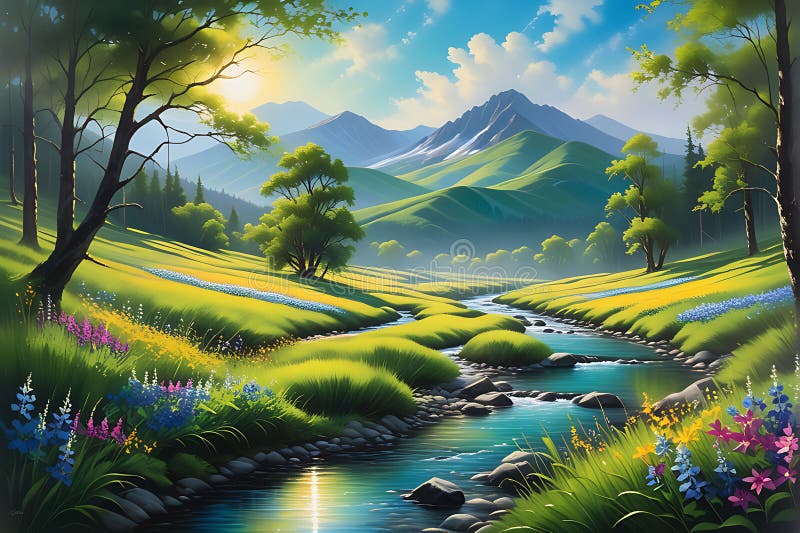 Midday Summer Landscape, Sun High in the Sky Casting Deep Shadows Under ...