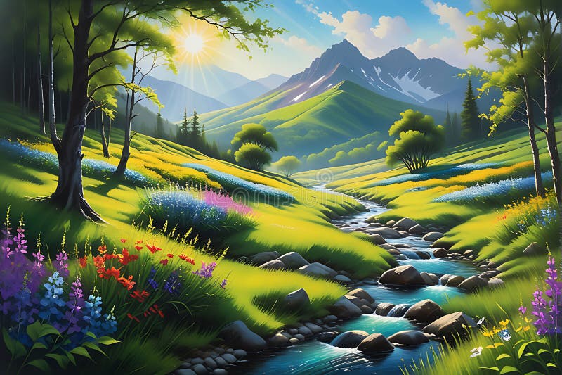 Midday Summer Landscape, Sun High in the Sky Casting Deep Shadows Under ...