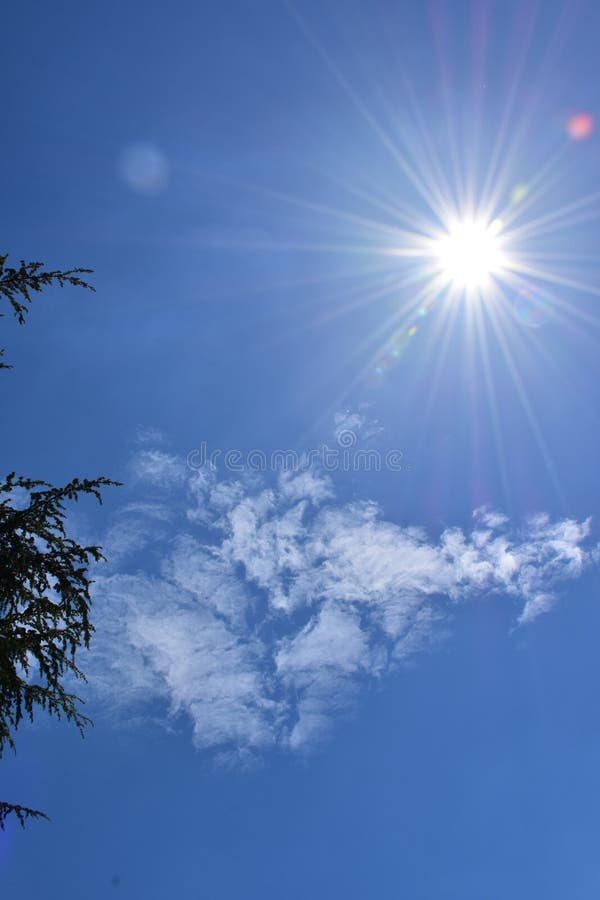 Midday Sun With Starry Rays With Blue Sky And Gentle Cloud In The ...