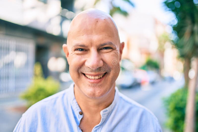 Middle Age Bald Man Smiling Happy Walking at the City Stock Image ...
