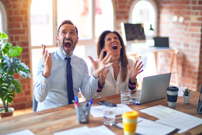 Middle Age Beautiful Business Workers Working Together Using Laptop at ...