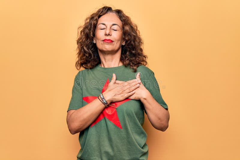 Middle Age Beautiful Woman Wearing T Shirt With Red Star Revolutionary
