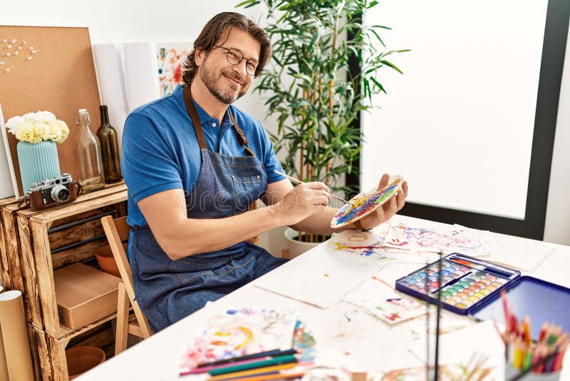 Middle Age Caucasian Man Smiling Confident Drawing at Art Studio Stock ...
