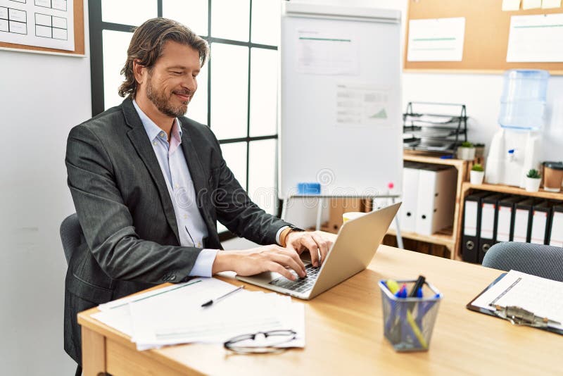 Middle Age Caucasian Man Smiling Confident Working at Office Stock ...