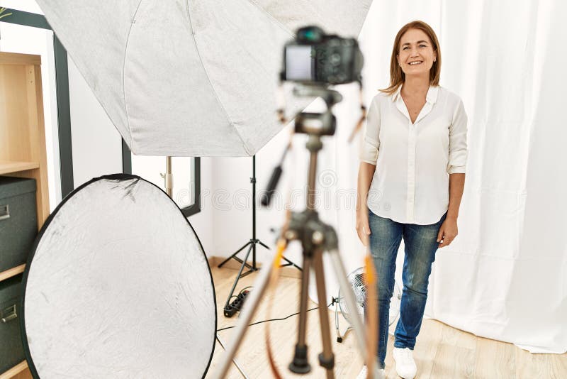 Middle Age Caucasian Woman Model Posing at at Photograph Studio Stock ...