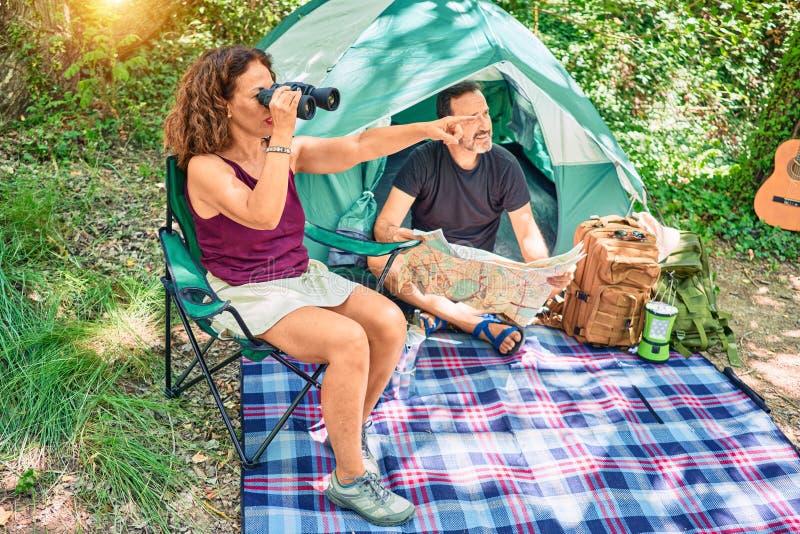 Middle Age Couple of Hiker Camping at the Forest Stock Photo - Image of ...