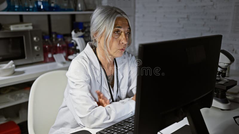 Middle Age Grey-haired Lady Scientist, Focused Face Illuminated by the ...