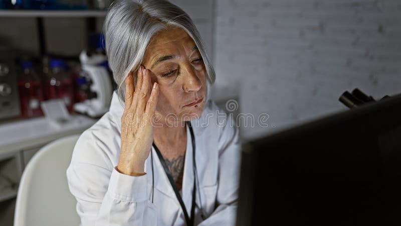 Middle Age Grey-haired Lady Scientist, Focused Face Illuminated by the ...