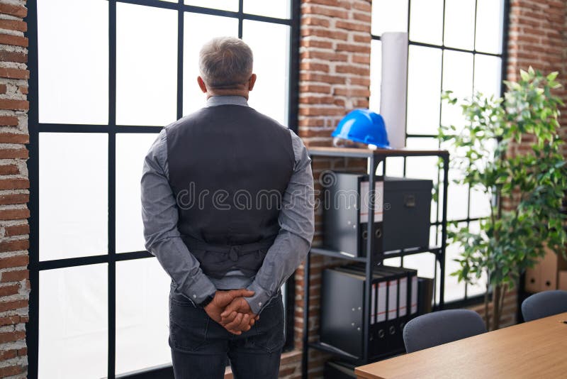 Middle Age Grey-haired Man Architect Standing on Back View at Office ...