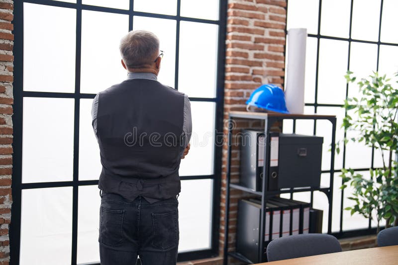 Middle Age Grey-haired Man Architect Standing on Back View at Office ...