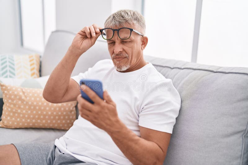Middle Age Grey-haired Man Looking Screen Smartphone with Vision ...