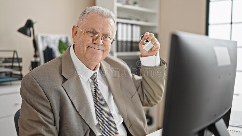 Middle Age Grey-haired Man Real State Agent Holding Keys of New Home at ...