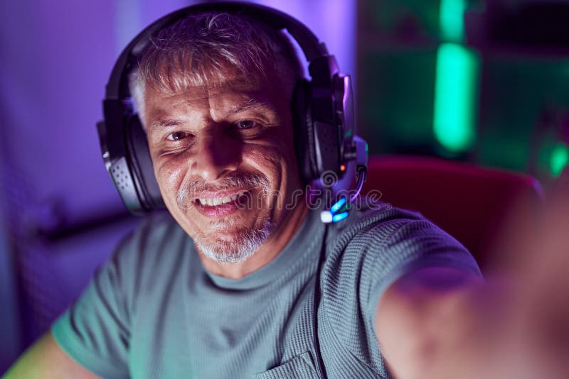 Middle Age Grey-haired Man Streamer Make Selfie by Camera at Gaming ...