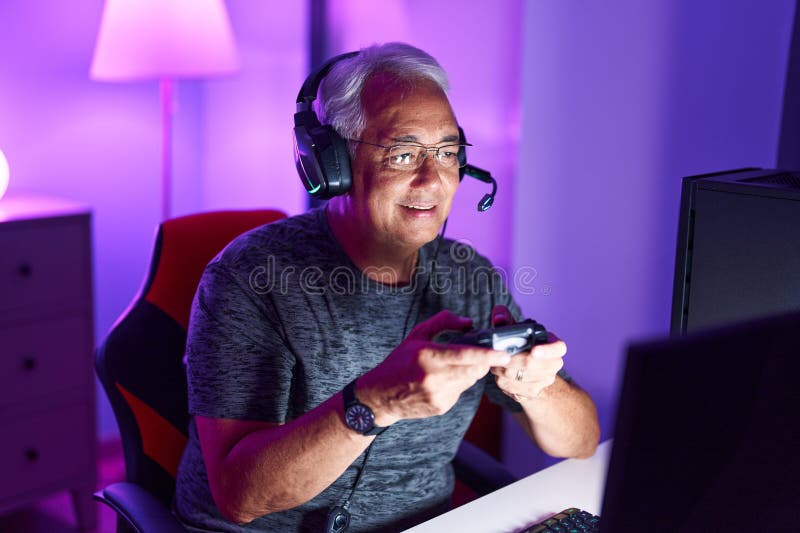 Middle Age Grey-haired Man Streamer Playing Video Game Using Joystick ...