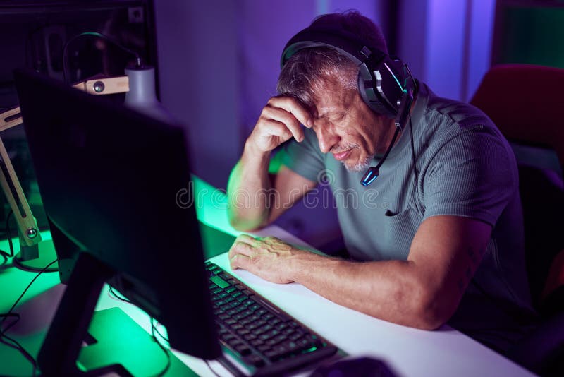 Middle Age Grey-haired Man Streamer Stressed Using Computer at Gaming ...