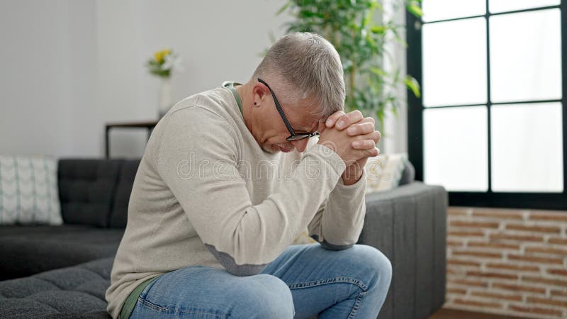Middle Age Grey-haired Man Stressed Sitting on Sofa at Home Stock Image ...