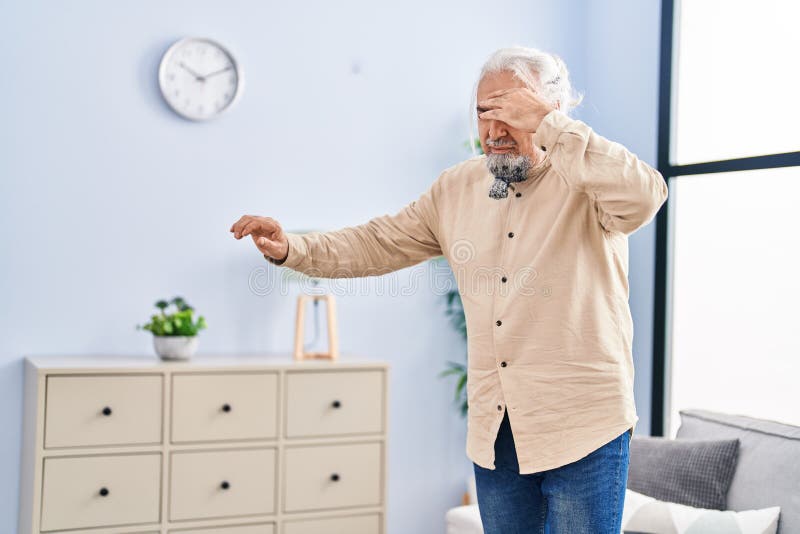Middle Age Grey-haired Man Suffering Dizzy Standing at Home Stock Image ...