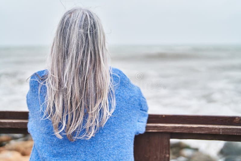 Middle Age Grey-haired Woman Standing on Back View at Seaside Stock ...